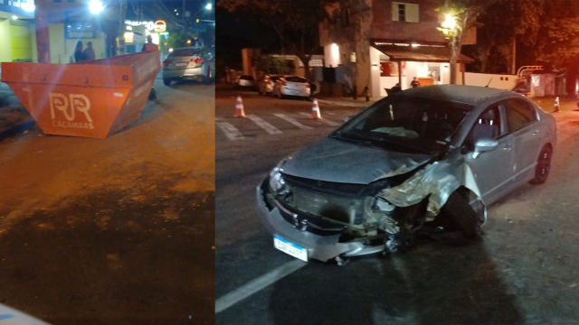 Motorista abandona veículo após bater em caçamba